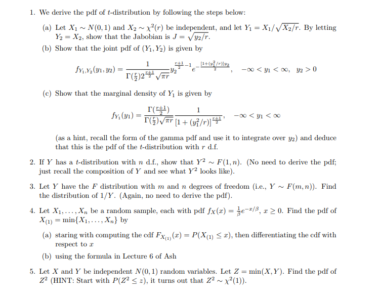 Solved 1. We derive the pdf of t-distribution by following | Chegg.com