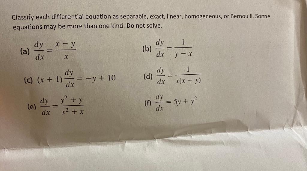 Solved Classify each differential equation as separable, | Chegg.com