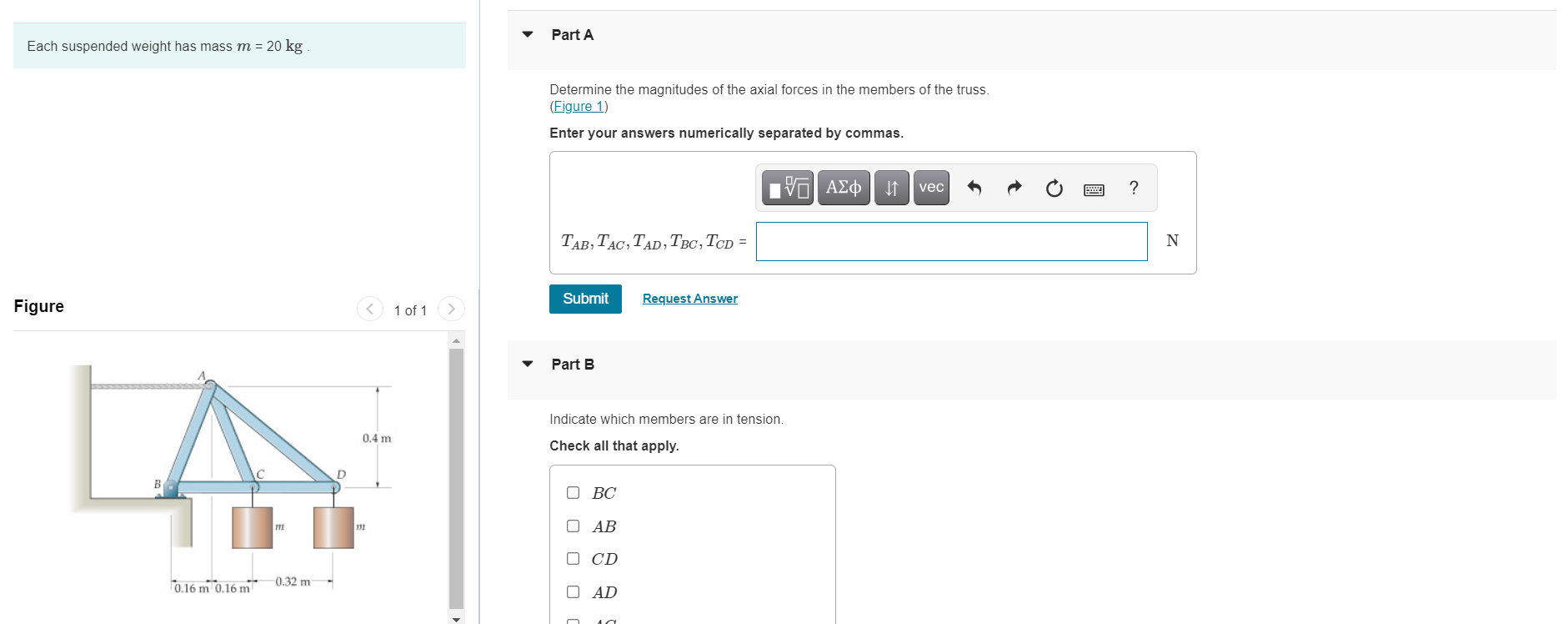 Solved Part A Each suspended weight has mass m = 20 kg | Chegg.com