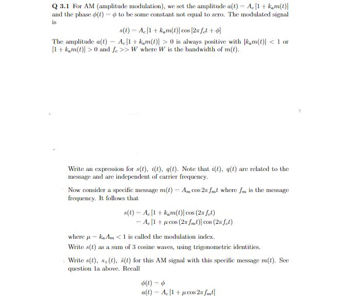 Solved Q 3 1 ﻿for Am Amplitude ﻿modulation We ﻿set The