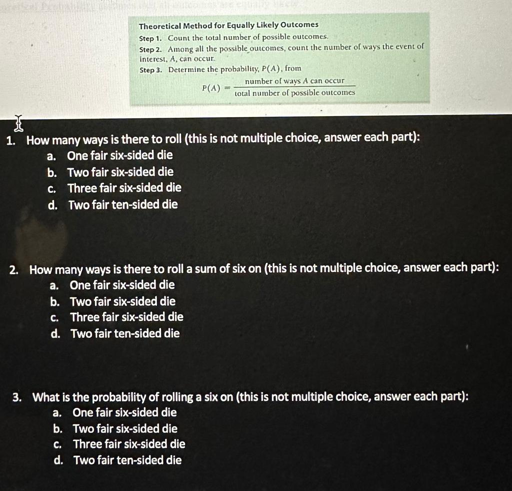 Solved Theoretical Method for Equally Likely Outcomes Step | Chegg.com