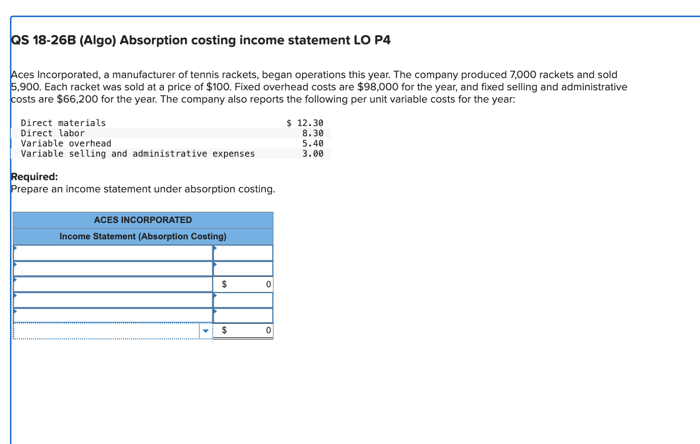 Solved QS 18-26B (Algo) Absorption costing income statement | Chegg.com