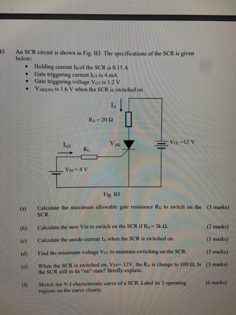 Solved An SCR circut is stown in Fig. B3. The speufications | Chegg.com