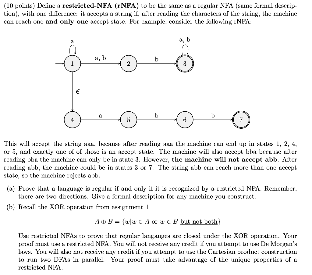 (10 points) Define a restricted-NFA (rNFA) to be the | Chegg.com