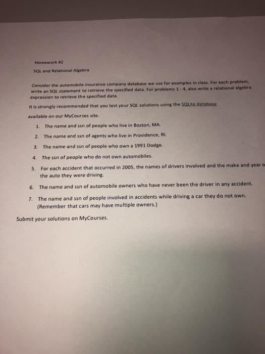 Solved Homework #2 SQL and Relational Algebra Consider the | Chegg.com
