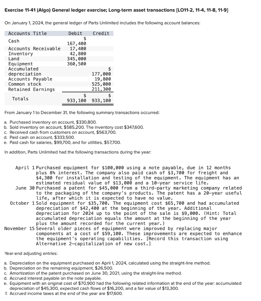 Exercise 11-41 (Algo) General ledger exercise; | Chegg.com