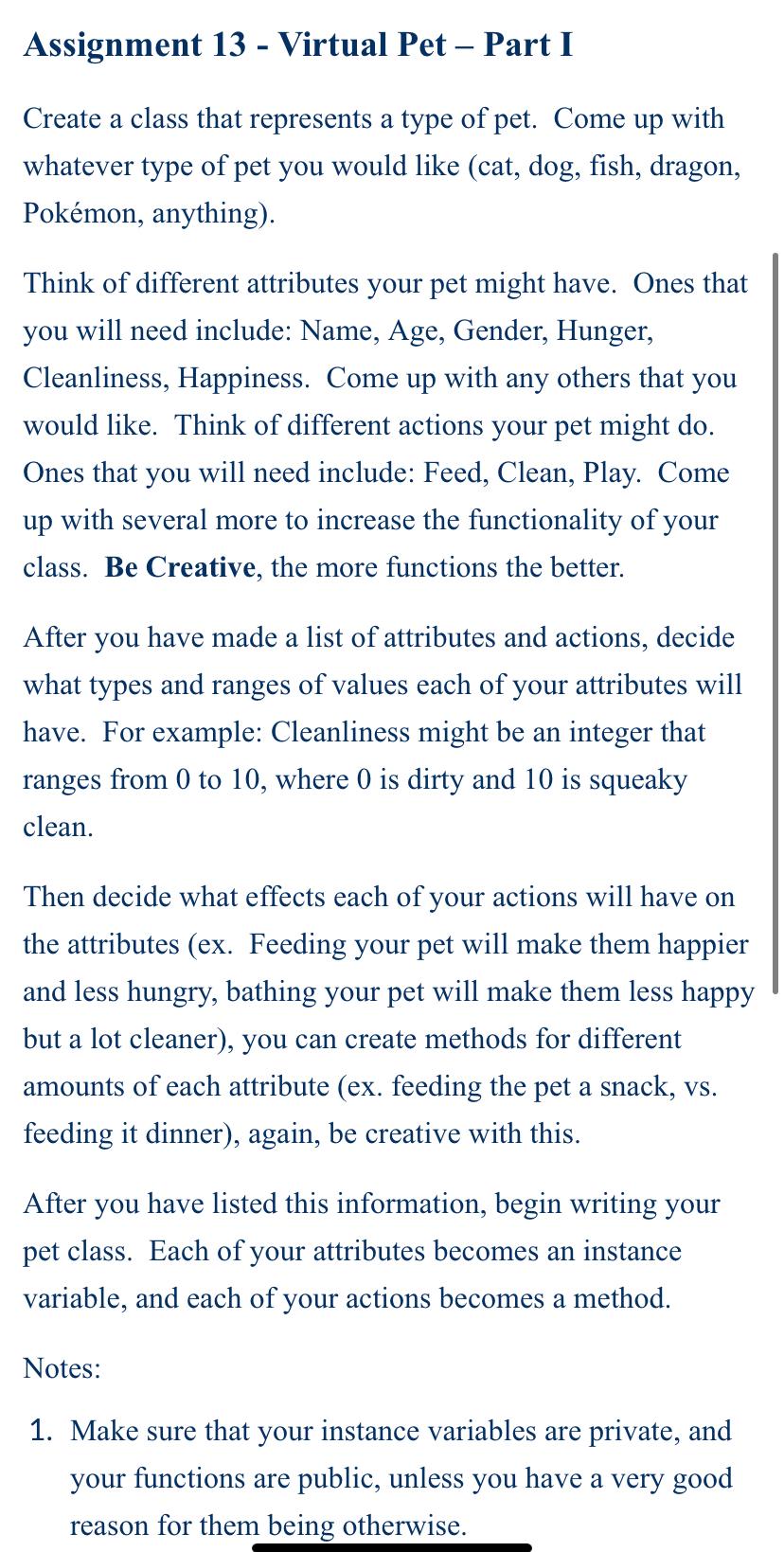 Solved Assignment 13 - Virtual Pet – Part I Create a class | Chegg.com
