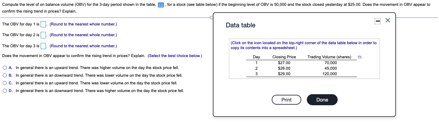 Solved Compute the level of on balance volume (OBV) for the | Chegg.com