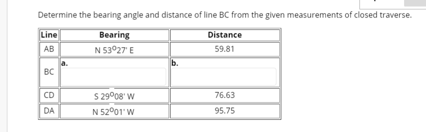 Solved Determine the bearing angle and distance of line BC | Chegg.com