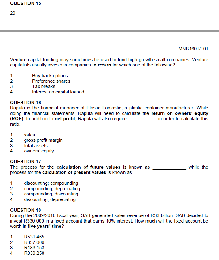 Solved QUESTION 15 20 MNB 1601/101 Venture capital funding | Chegg.com
