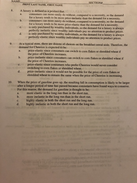 Solved SECTION# PRINT LAST NAME, FIRST NAME PRICE ELASTICITY | Chegg.com