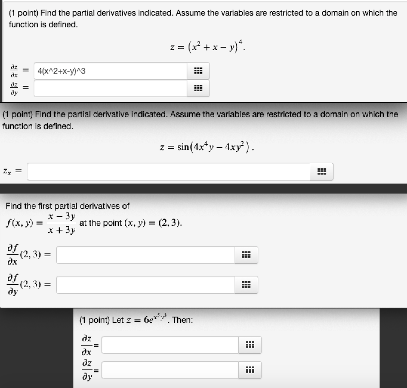 Solved (1 point) Find the partial derivatives indicated. | Chegg.com