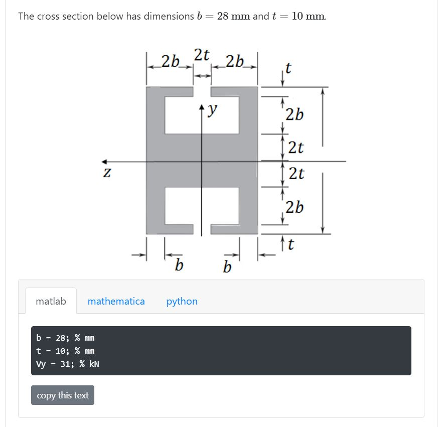 Solved The cross section below has dimensions b 28 mm and t | Chegg.com
