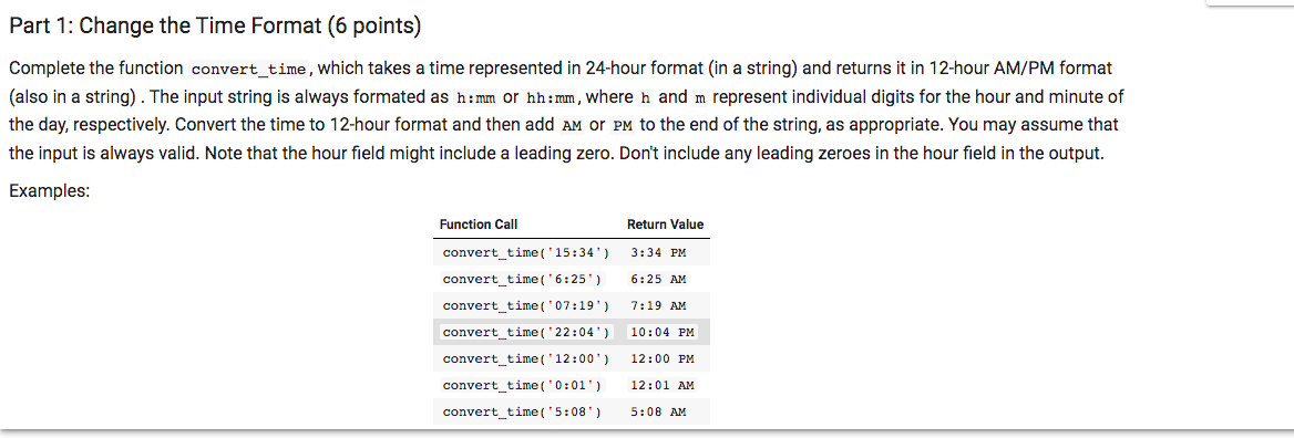Solved Part 1: Change the Time Format (6 points) Complete | Chegg.com