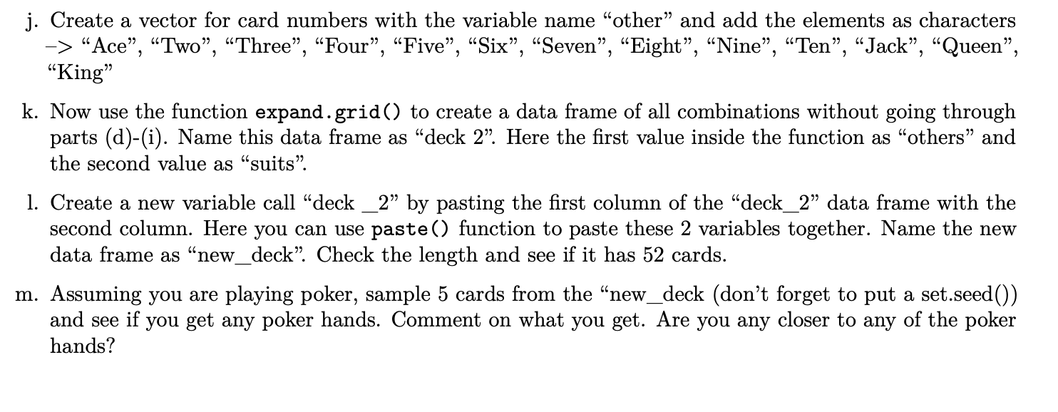 Solved j. Create a vector for card numbers with the variable | Chegg.com