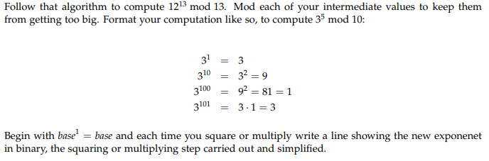 Solved Follow that algorithm to compute 1213 mod 13. Mod | Chegg.com