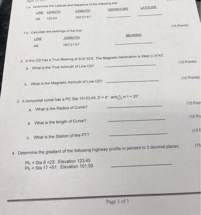Solved April 13z0i 1 A Determine The Latitude And Departure