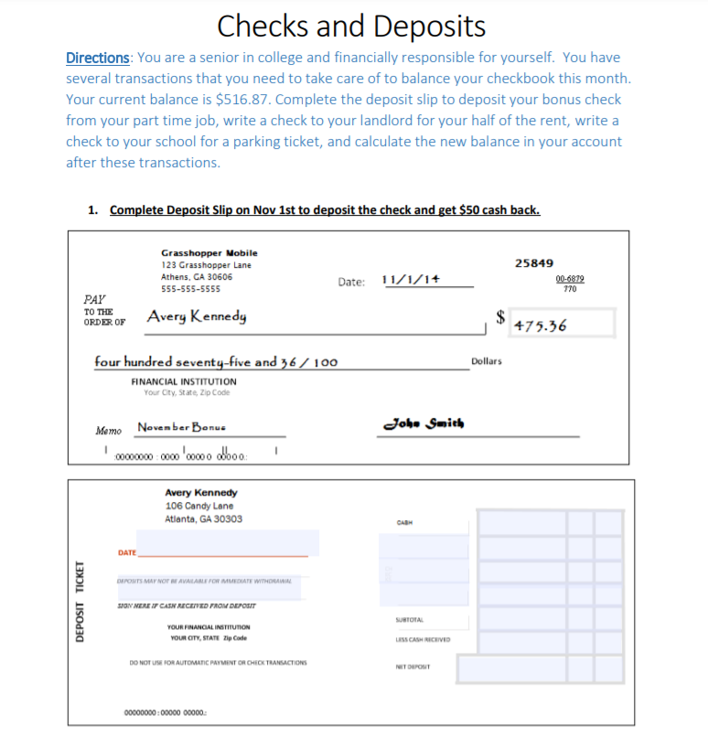 Checks and Deposits Directions: You are a senior in | Chegg.com