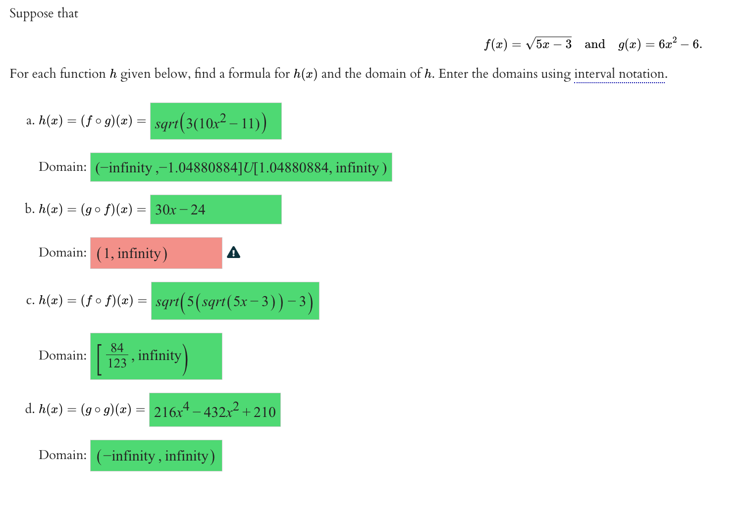 Solved Suppose that f(x)=5x−3 and g(x)=6x2−6. For each | Chegg.com