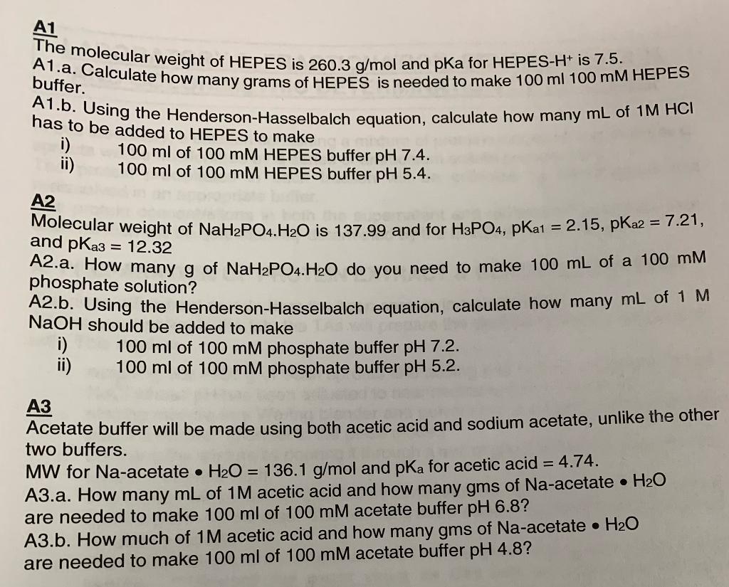 Solved A1 buffer. The molecular weight of HEPES is 260.3 | Chegg.com