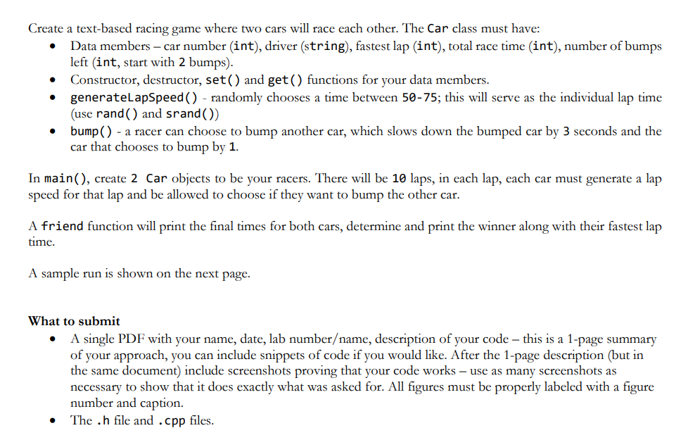 Solved Create a text-based racing game where two cars will | Chegg.com