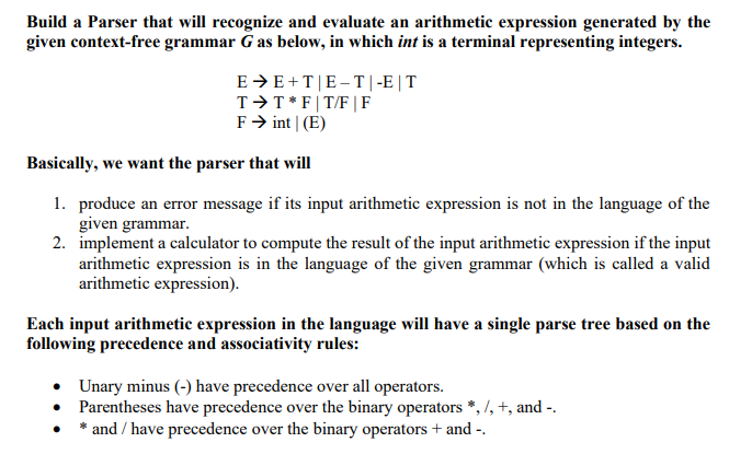Solved Build a Parser that will recognize and evaluate an | Chegg.com