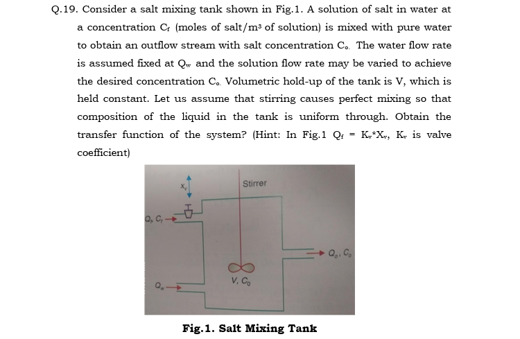Solved Q.19. ﻿Consider a salt mixing tank shown in Fig.1. ﻿A | Chegg.com