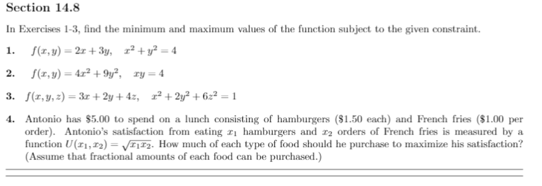 Solved Section 14.8 In Exercises 1-3, find the minimum and | Chegg.com