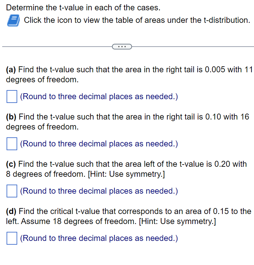 Solved Determine the t-value in each of the cases. Click the | Chegg.com