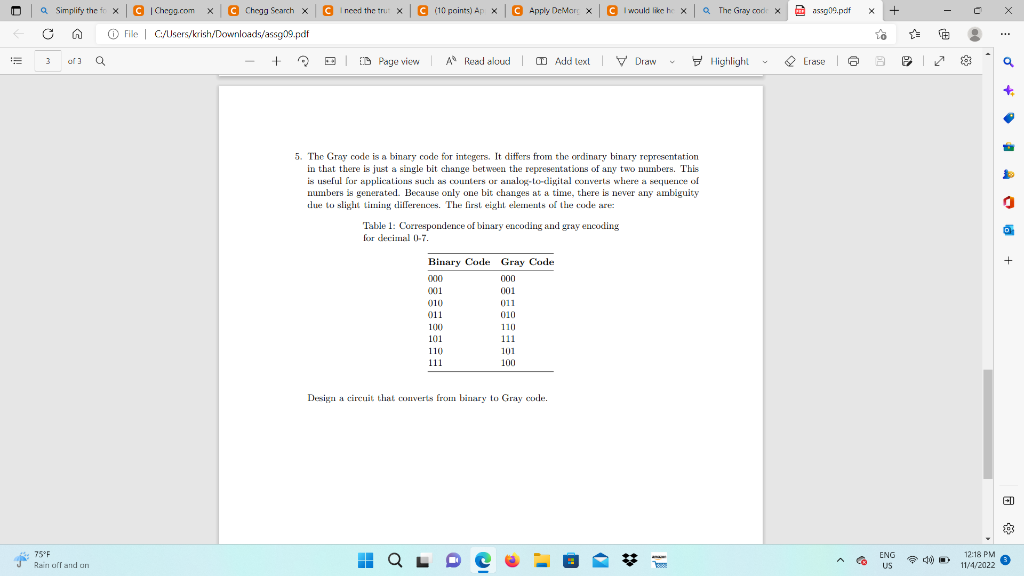 Solved 5. The Gray code is a binary code for integers, It | Chegg.com