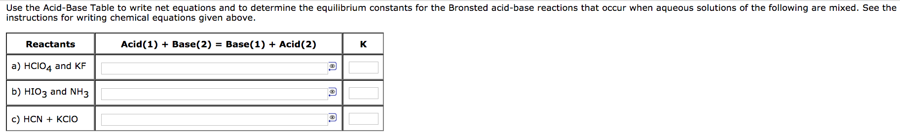 Solved Use the Acid-Base Table to write net equations and to | Chegg.com