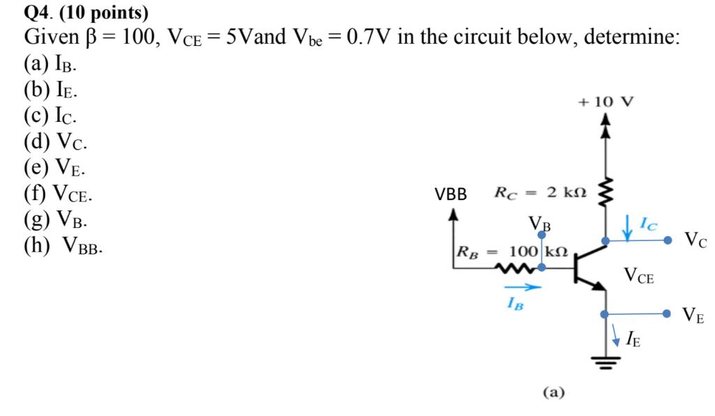 Solved Q4. (10 points) - Given ß= 100, VCE = 5Vand Vbe = | Chegg.com