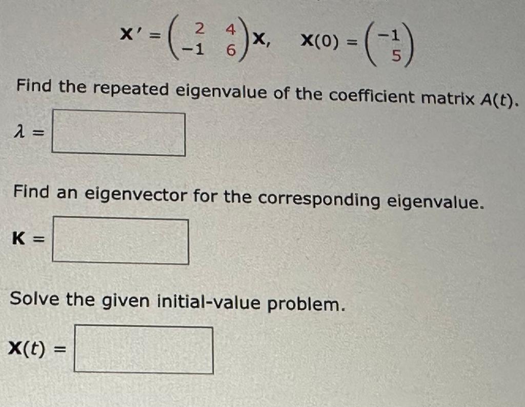 Solved X′=(2−146)x,x(0)=(−15) Find the repeated eigenvalue | Chegg.com