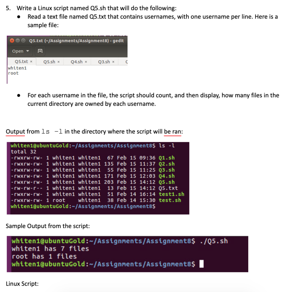 Solved 5 Write A Linux Script Named Q5 sh That Will Do The Chegg