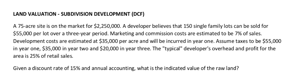 LAND VALUATION - SUBDIVISION DEVELOPMENT (DCF) A | Chegg.com