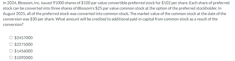 Solved In 2024 , Blossom, Inc. issued 91000 shares of $100 | Chegg.com