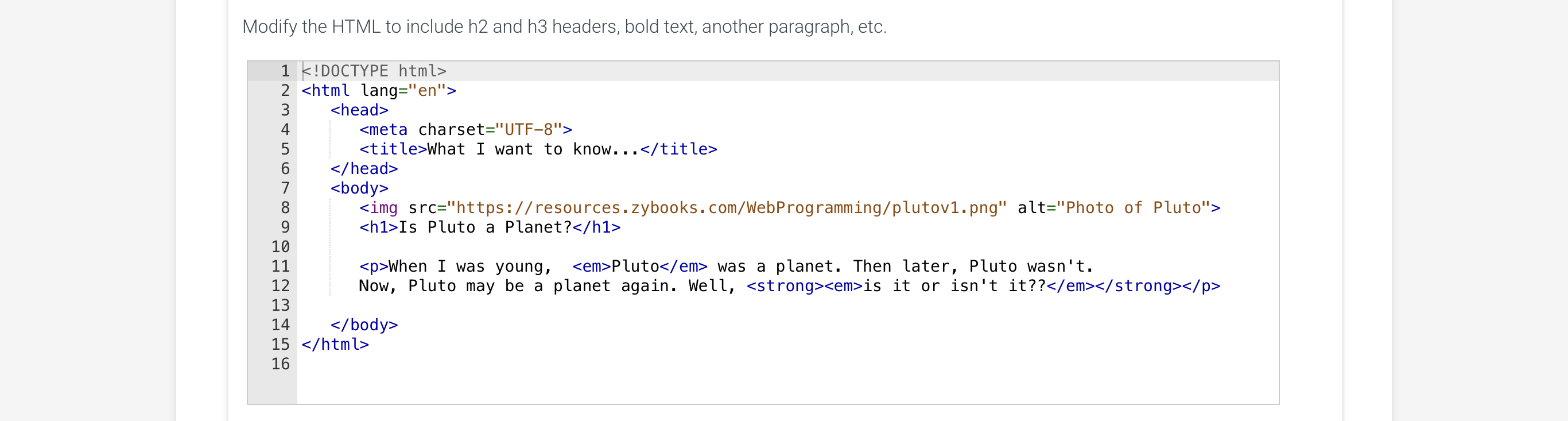 Solved Modify the HTML to include h2 ﻿and h3 ﻿headers, bold | Chegg.com