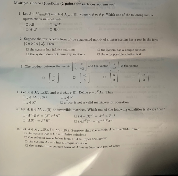 Solved Multiple Choice Questions (2 points for each correct | Chegg.com