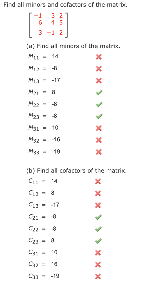 Solved Find all minors and cofactors of the matrix. -1 6 3 2 | Chegg.com