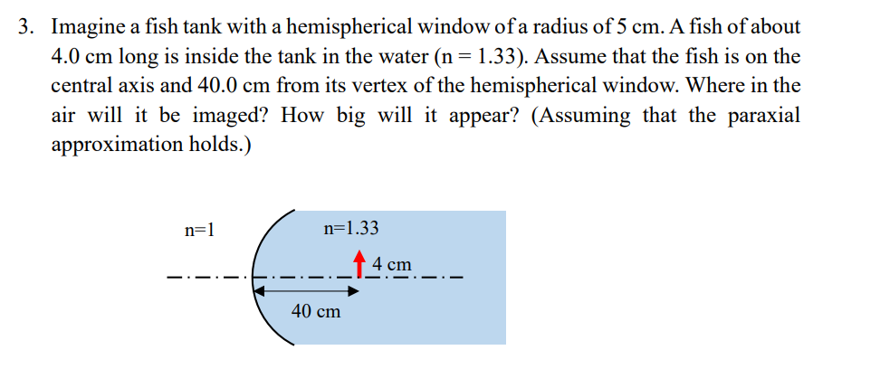 Solved 3. Imagine a fish tank with a hemispherical window of | Chegg.com