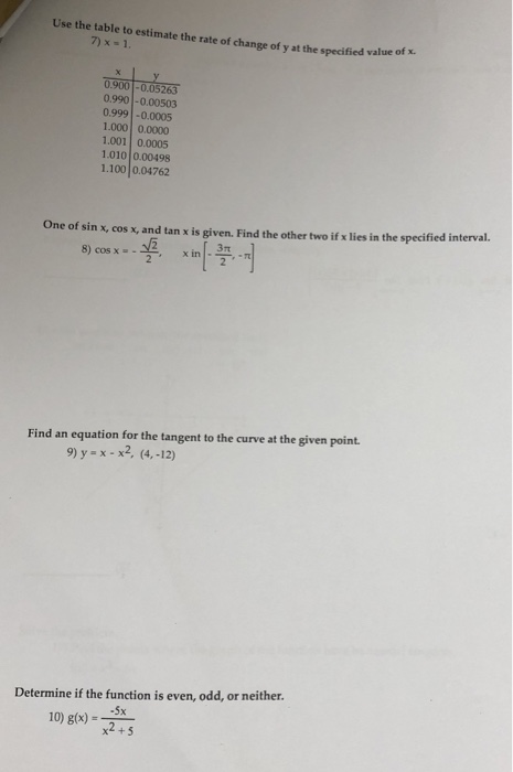 Solved Use the table to estimate the rate of change of y at | Chegg.com