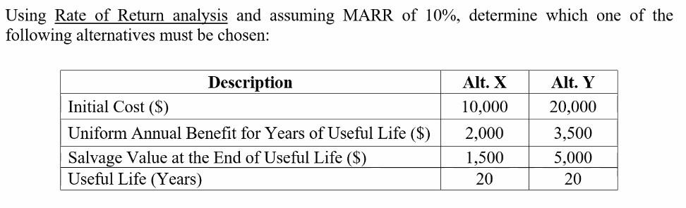 Solved Using Rate of Return analysis and assuming MARR of | Chegg.com