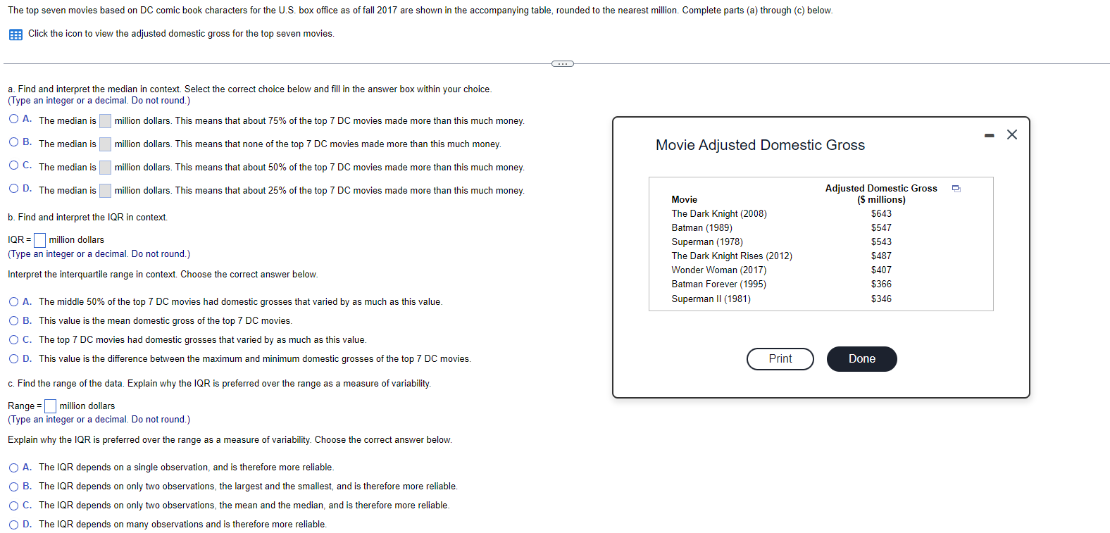 Solved Click the icon to view the adjusted domestic gross | Chegg.com