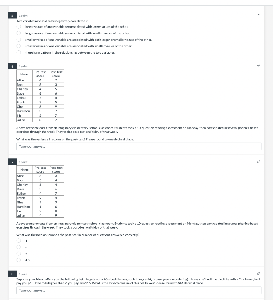 Solved 1 point Two variables are said to be negatively | Chegg.com