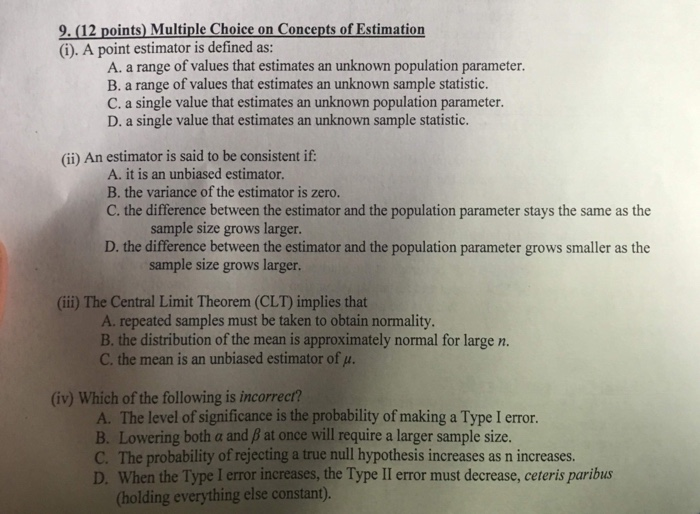 Solved 9. (12 points) Multiple Choice on Concepts of | Chegg.com