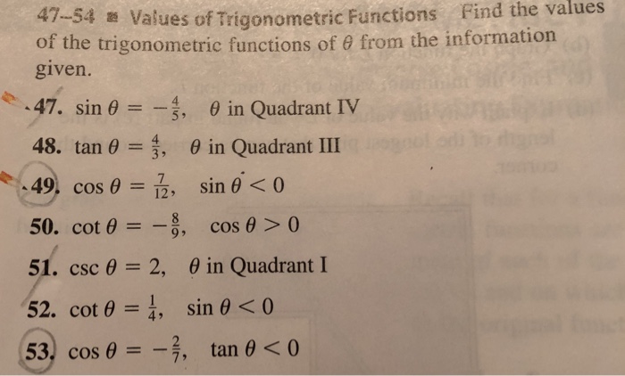 Solved 47-54 Values of Trigonometric Functions Find the | Chegg.com