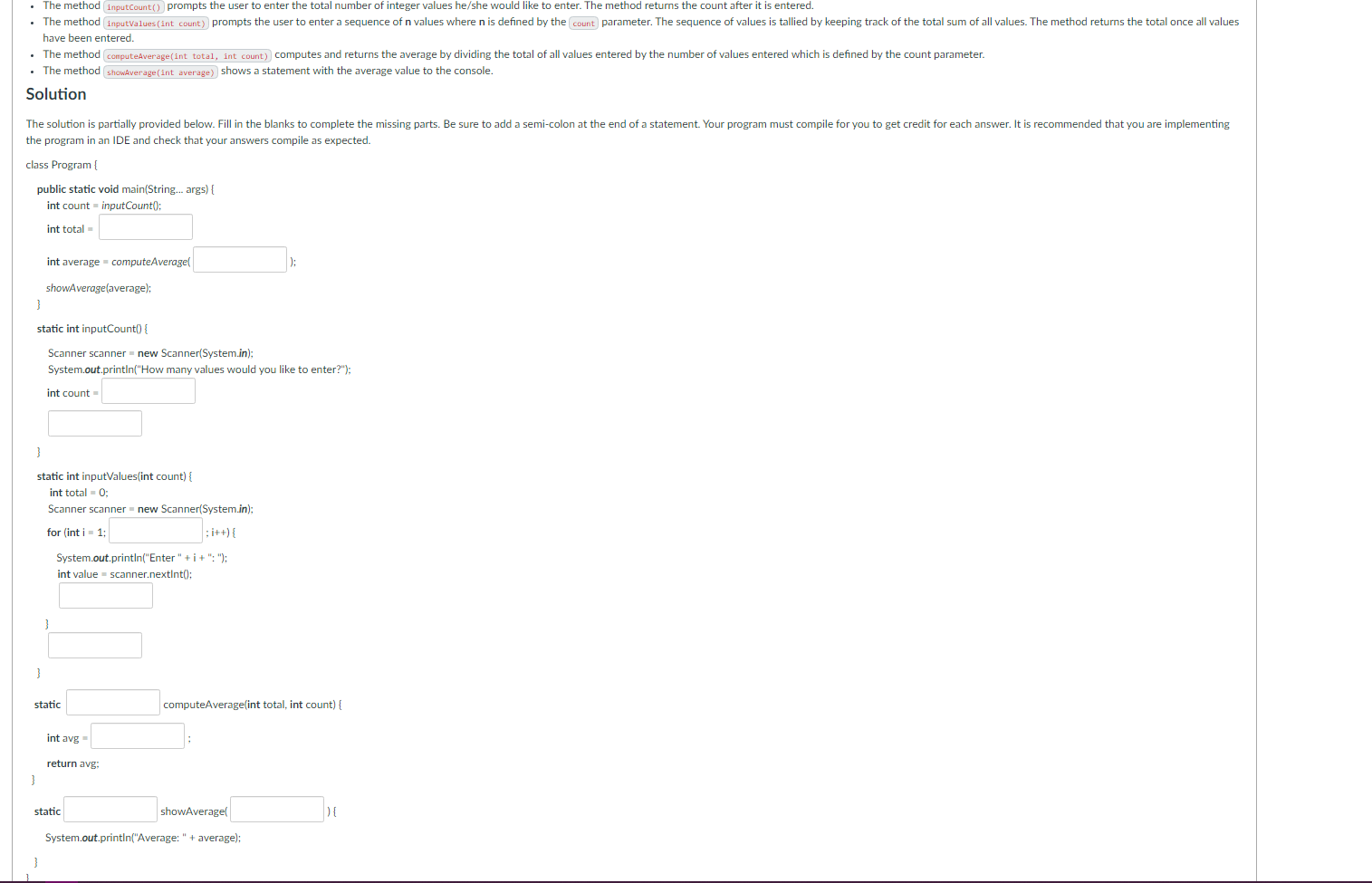 Solved • The method inputCount() prompts the user to enter | Chegg.com