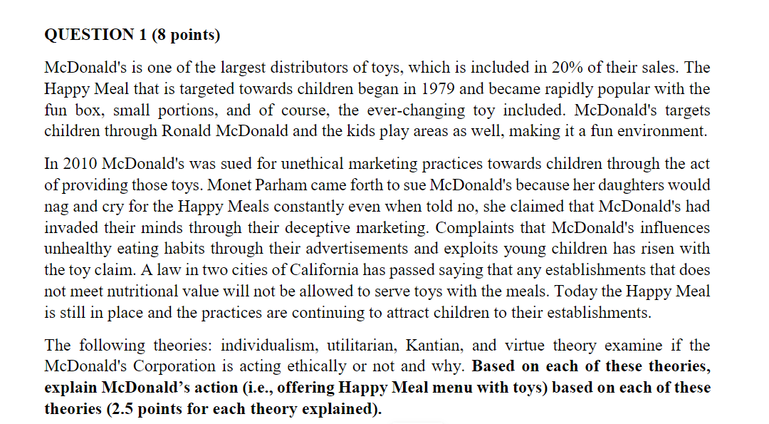 Solved a QUESTION 1 (8 points) McDonald's is one of the | Chegg.com