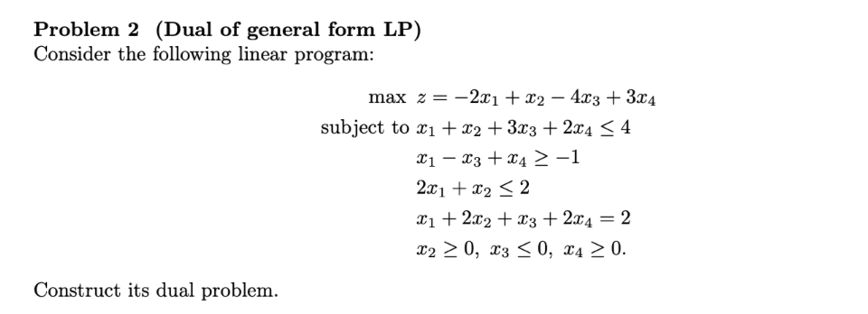 Problem 2 (Dual of general form LP) Consider the | Chegg.com