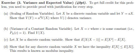Solved Exercise (3. Variance and Expected Value) (40pt). To | Chegg.com